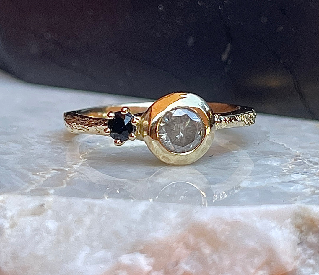 9ct solid gold ring with salt and pepper diamond, and sapphire ...
